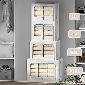 3 Pack Clothes Storage Bins - Foldable Metal Frame Storage Box - Stackable Linen Fabric Container Organizer Set with Carrying Handles and Clear Window (Cream White, 15.7x11.8x11.8inch(36L))