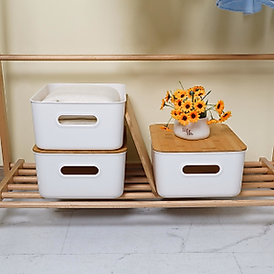 KAIZE 2PCS Plastic Storage Bins with Bamboo lids Stackable Storage Containers for Organizing, Bundled with Labels and Marker 10.24 x 7.01 x 6.1 inch(2 PCS-15.12 x 10.67 x 5.98 inch), White