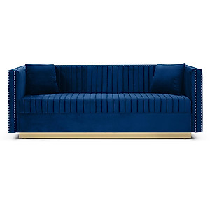 Vanress 78" Velvet Upholstered Sofa,Modern Tufted Couch 3 Seater,Square Arm, with Nailhead Trim and 2 Pillows for Living Room, Office (Blue)