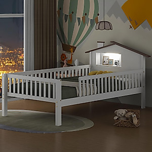 Bellemave Twin Size Montessori Bed for Kids, Twin Size Kids Bed with Fence，Kids Montessori Bed with House-Shaped Headboard and Built-in Storage, White
