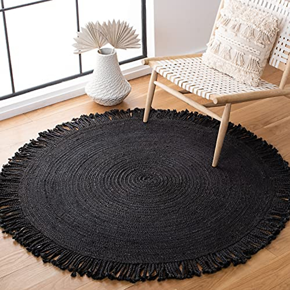 SAFAVIEH Braided Collection 5' Round Black BRD259Z Handmade Premium Jute Fringe Living Room Dining Bedroom Foyer Area Rug