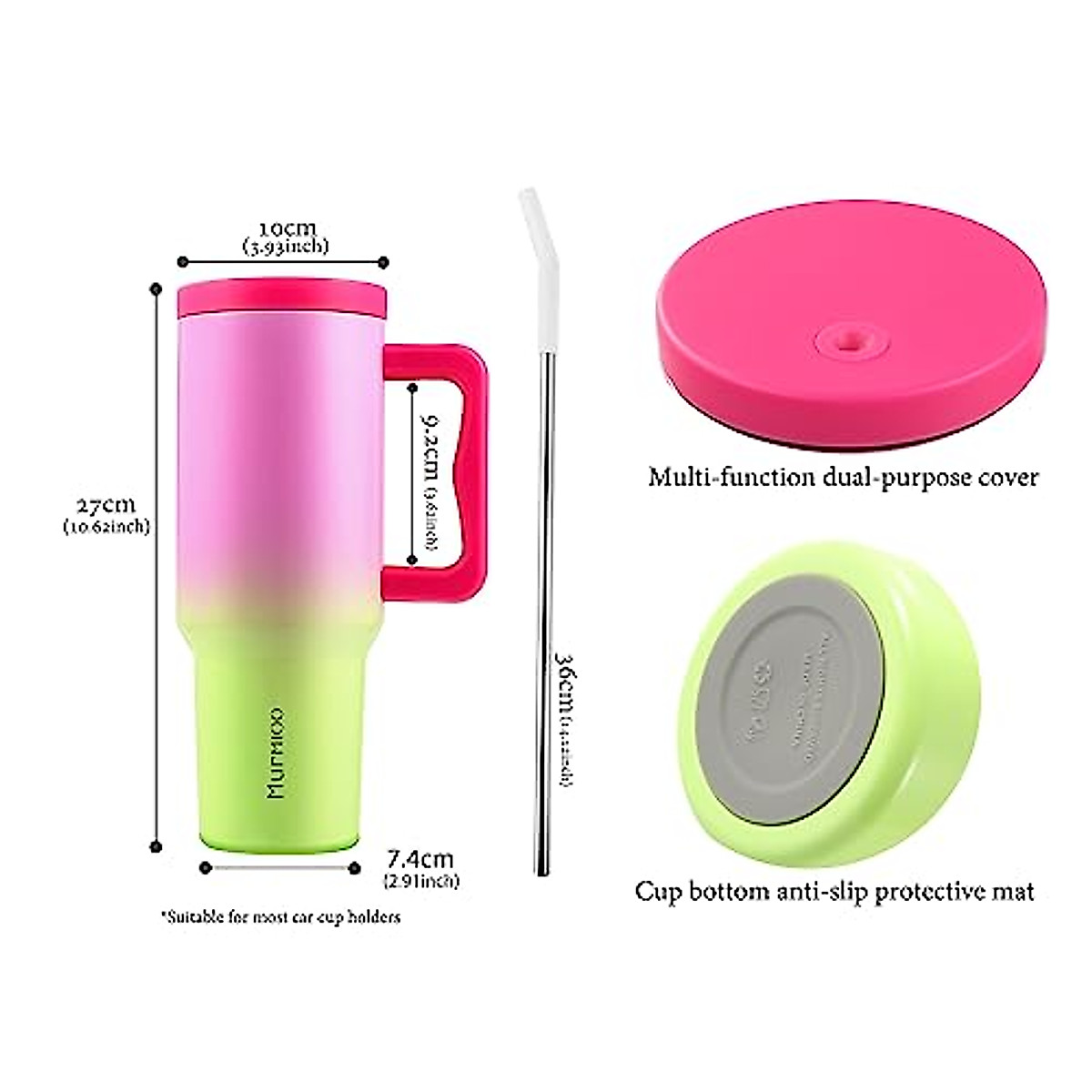 Murmioo 40OZ Tumbler with Handle and Straw,Insulated Leak Proof Double Walled Stainless Steel Travel Mug,Reusable Water Bottle Cup，Maintains Cold, Heat, and Ice for Hours(Rose green gradient)