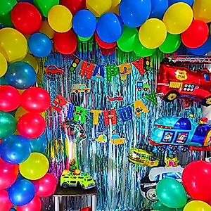 Transportation Party Decorations for Boys, 49PCS Construction Happy Birthday Supplies Vehicle Traffic Theme Baby Shower Red Green Blue Garland Kit for 2nd 1st with Car Plane Train Police Balloon Banner