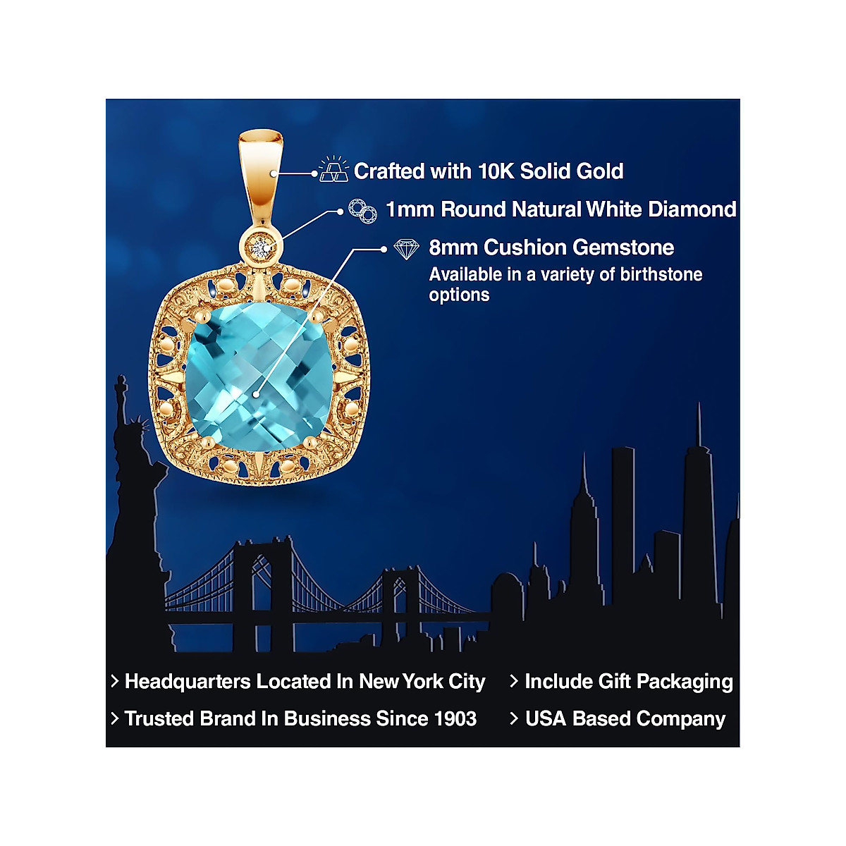 Gem Stone King 10K Yellow Gold 8MM Cushion Gemstone Birthstone and White Diamond Accent Necklace | Gold Pendant Necklace For Women