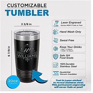 Personalized Monogram Initial and Name Coffee Tumblers 20 oz. Laser Engraved in Stainless Steel Vacuum Insulated Travel Mug Cup with Lid, Custom Gifts for Him, Her