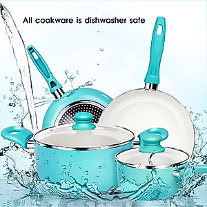 Masthome 16 Piece Ceramic Nonstick Cookware Set,Soft Grip Healthy Pots and Pans Set with Lids and Utensils for Kitchen,PFAS-Free, Dishwasher Safe-Tiffany Blue Extra Spoons and Silicone Spatula Set