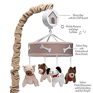 Lambs & Ivy Bow Wow Beige Dogs/Puppies Musical Baby Crib Mobile Soother Toy