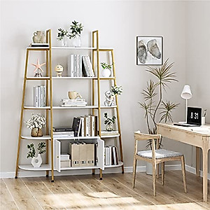 finetones Triple Wide 5-Tier Bookcase with Cabinet, White Bookshelf with Gold Metal Frame, Industrial Style Free Standing Bookshelf, Adjustable Feet, Large Open Display Shelves for Home & Office
