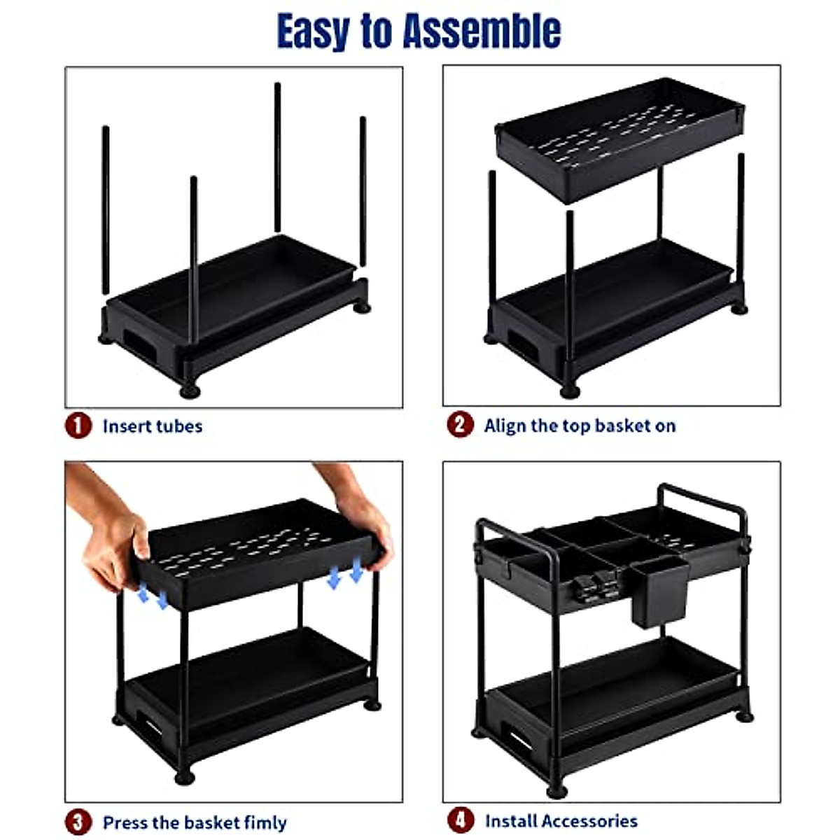 UBeesize 2 Pack Bathroom Organizer Basket Drawers, Slide Out Under Sink Cabinet Organizers and Storage for Bathroom Countertop Bathroom Sink Organizer with Hooks and Cups,Pull Out Under Sink Shelf