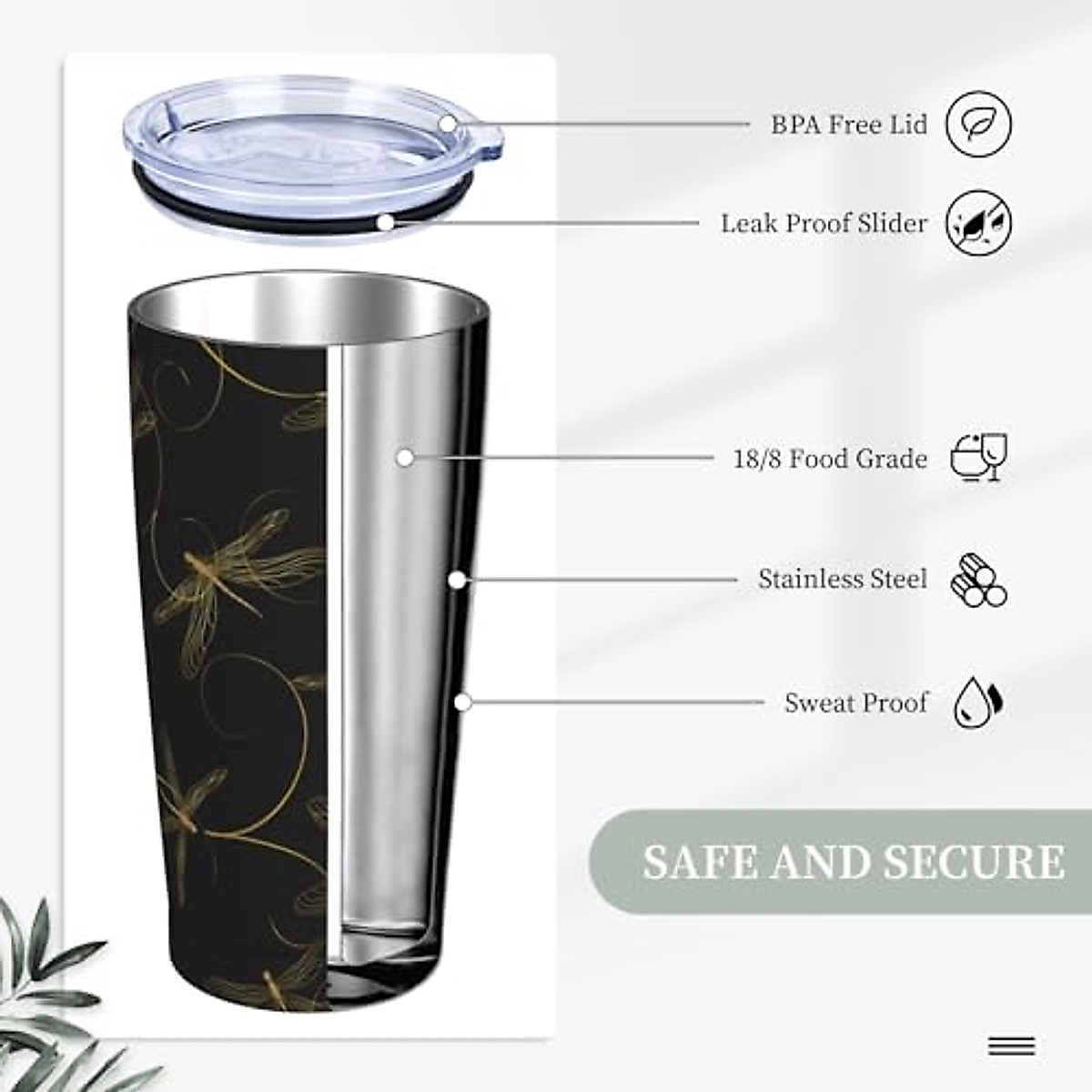 20oz Tumbler Golden Dragonfly Double Wall Vacuum Insulated Coffee Mug with Lid and Metal Straw Brush Reusable Stainless Steel Water Bottle Travel Cup Gifts for Car Ice Drinks Hot Beverage