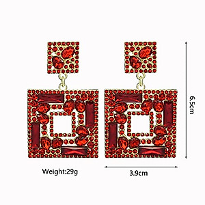 Mejialaa Women's Fashion Crystal Square Dangle Statement Earrings Geometric Shaped with Rhinestone Drop Earrings for Party Prom Ruby Color Gold-Tone