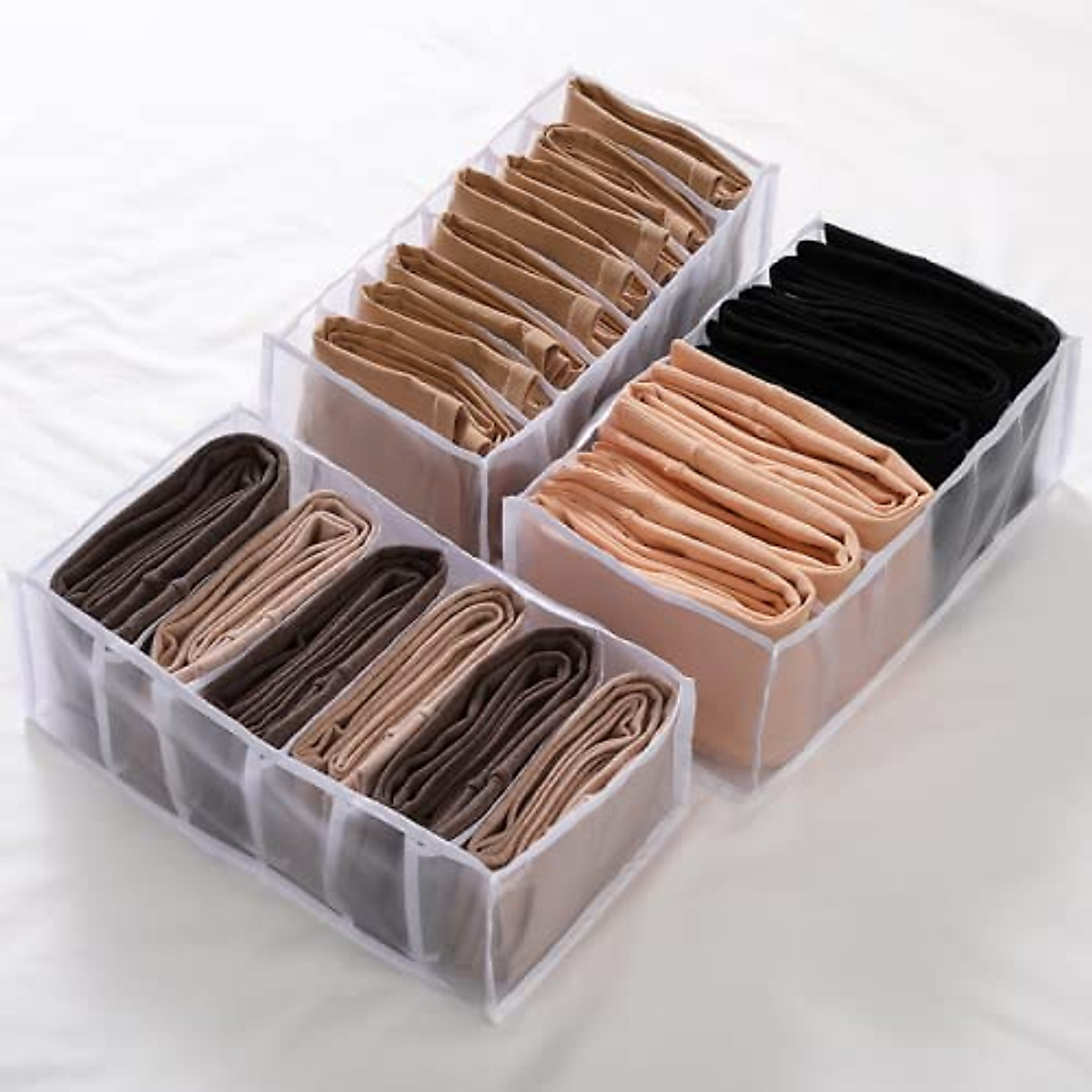 BINGC 2 PCS Washable Wardrobe Clothes Organizer , 7 Grid Drawer Foldable Visible Storage Box Jeans Compartment Divider Boxes for Jean Pants Socks Bras Ties Lingerie Scarves (14.2x6.7x4.7 inch, WHITE)