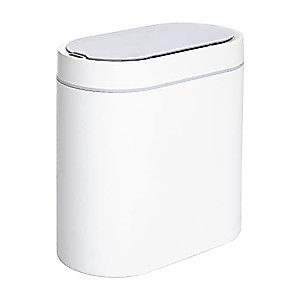 Bathroom Trash Can with Lid - SYNCVIBE 2 Gallon Slim Motion Sensor Garbage Can Narrow Automatic Plastic Trash Bin for Bedroom, Living room, Toilet, Office (White)