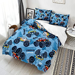 AILONEN Truck Duvet Cover Set for Boys,Blue Graffiti Truck Bedding Set Full Size for Kids Teens for Bedroom Decor,3 Piece Monster Truck Quilt Cover Set,1 Duvet Cover and 2 Pillowcases