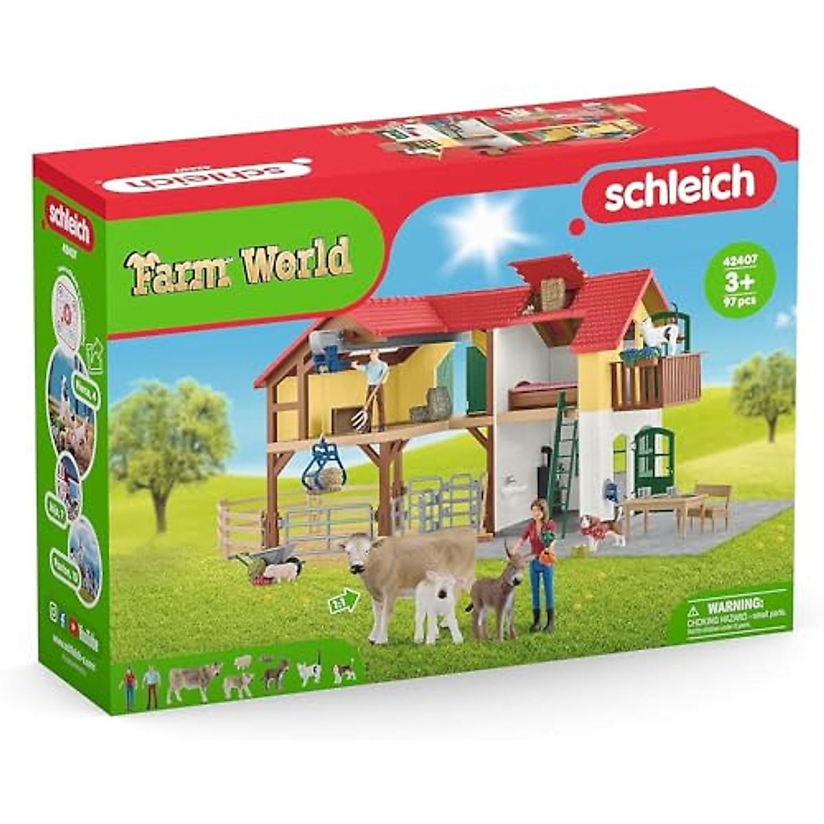Schleich Farm World — Large Farm House, 97-Piece Toy Farm House with 3 Rooms, Farmer Figurines and Multiple Animal Toys with Accessories, Farm Toys for Boys and Girls Ages 3+