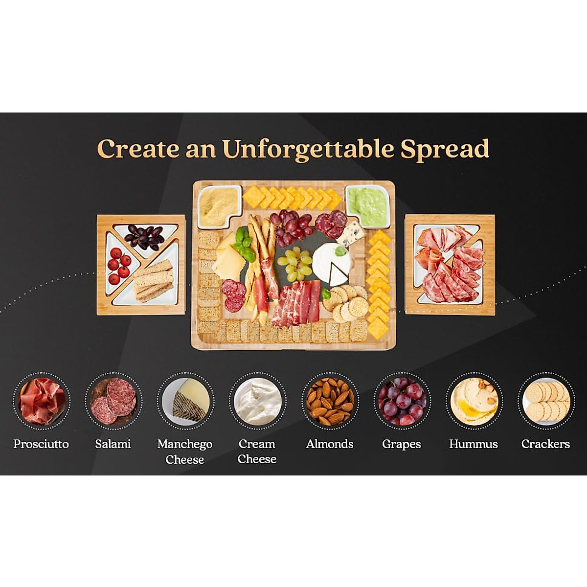 Bamboo Charcuterie Board Set of 26 Pcs - 16×13×2 Inches 4 Drawer Bamboo Board Set with Fruit Tray, Ceramic Dipping Bowls, Cutting Tools, Wine Opener, Cheese Platter Accessories (End-Grain)