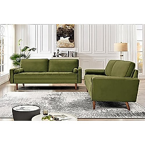 US Pride Furniture Velvet 70" Sofa Couch, Iconic Mid-Century Style Living Room Furniture with Contemporary Silhouette, Button Tufting and Wood Legs, Includes 2 Bolster Pillows, Olive Green
