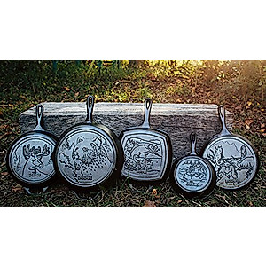 Lodge Wildlife Series - Seasoned Cast Iron Cookware. Wildlife Scenes. 5 Piece Iconic Collector Set Includes 8 inch Skillet, 10.25 inch Skillet, 12 inch Skillet, 10.5 inch Grill Pan, 10.5 inch Griddle