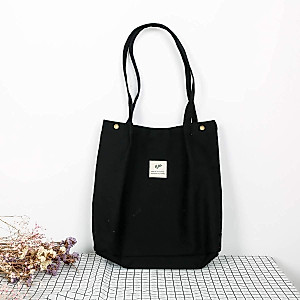 Canvas Tote Bag for Women Washable Reusable Carry Shoulder Bag With Inner Pocket (Black)