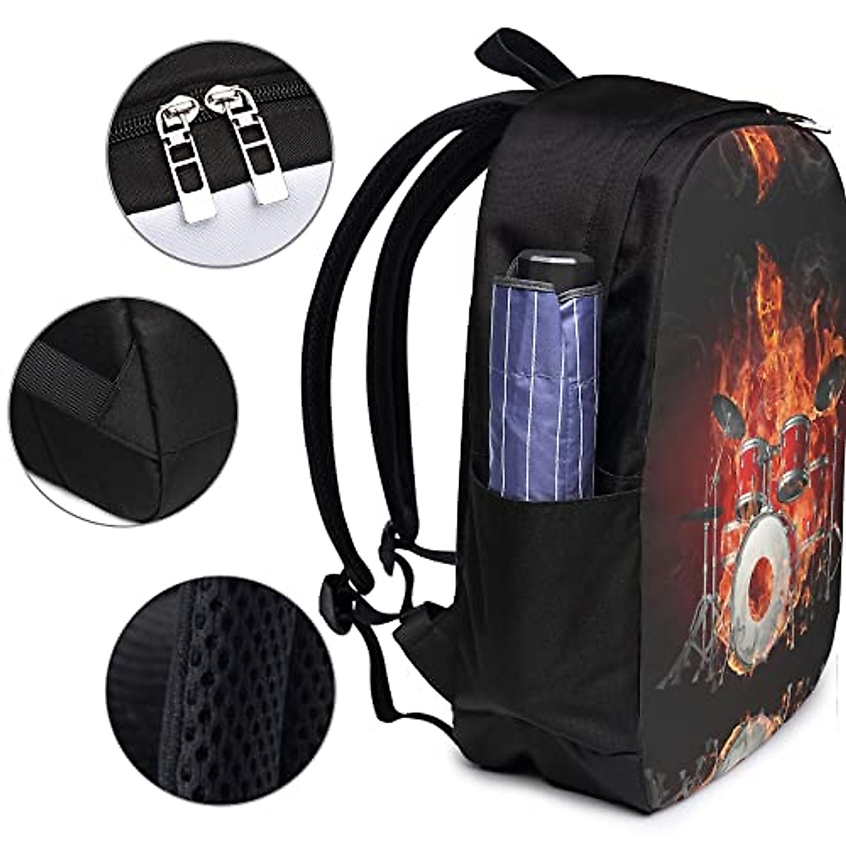 AMRANDOM School Backpack Book Bag Rock Roll Drums Flame Drummer Skull Supplies For College Students Travel Laptop Backpack With One Size