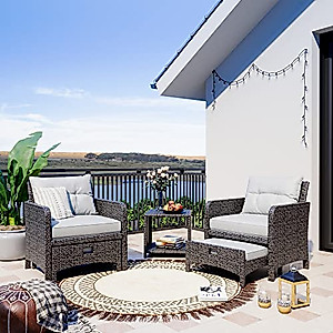 Pamapic 5 Pieces Wicker Patio Furniture Set Outdoor Patio Chairs with Ottomans Conversation Furniture with coffetable for Poorside Garden Balcony(Grey Cushion +Grey Rattan)…
