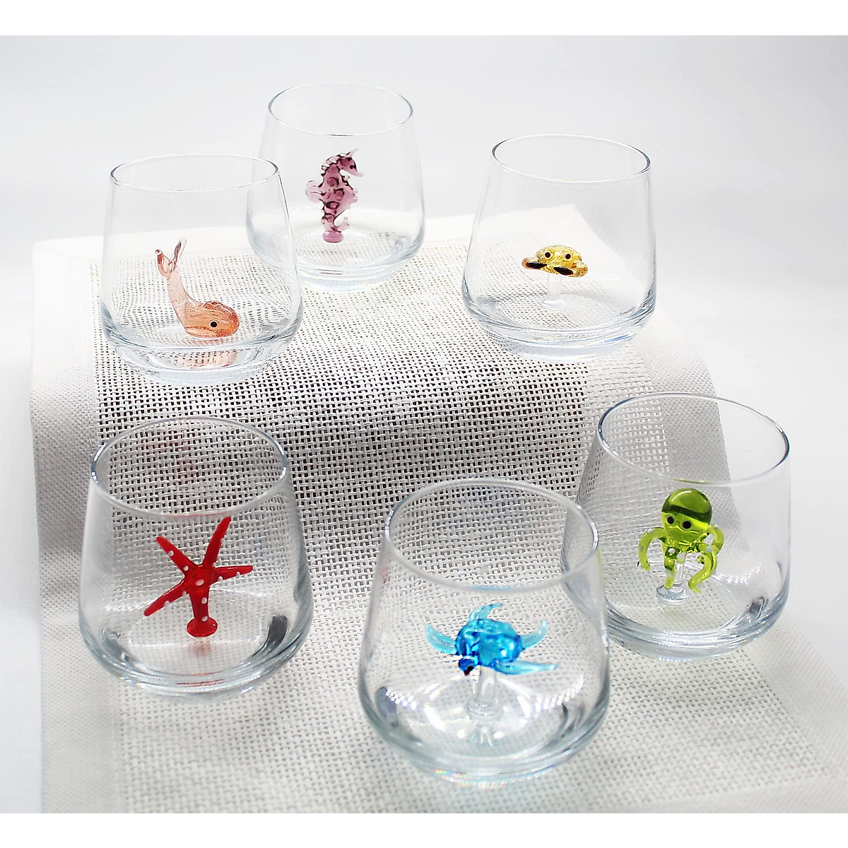HeguSun 3D Drinking Glass Cup with Cute Animal Figurine Inside, Hand Blown Glass Ocean Life Animals Figures Inside Mug, Stemless Glass for Wine, Water, Milk, Beverages, 12oz(Ocean Animals)