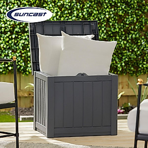 Suncast 22-Gallon Outdoor Patio Backyard Deck Box Storage Bench and 30-Gallon Hideaway Trash Waste Bin with Latching Lid, Cyberspace
