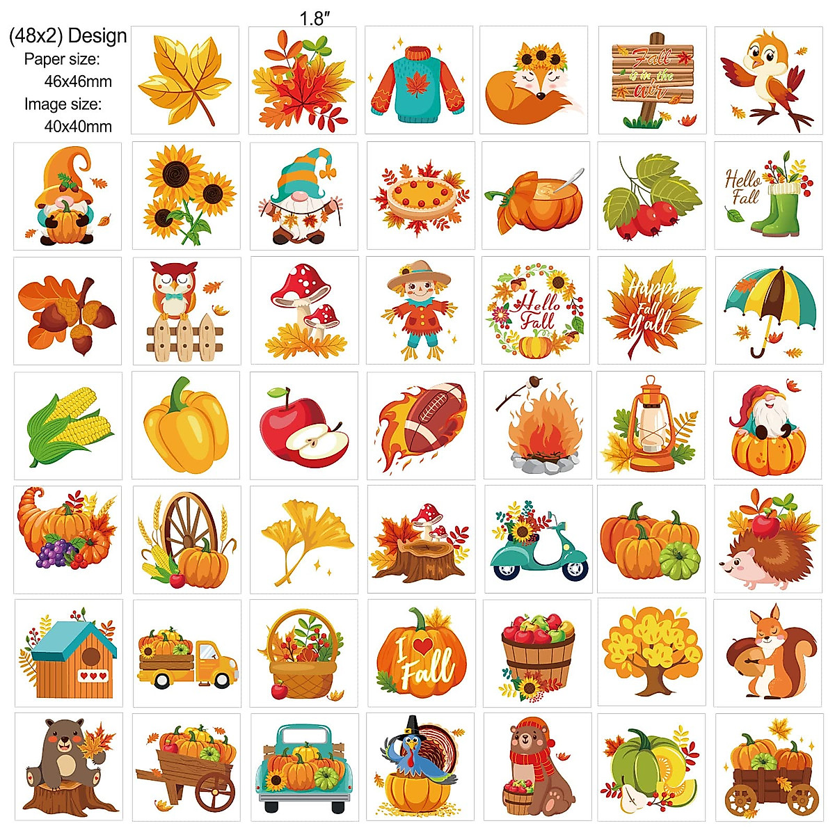 HOWAF 96 Pieces Fall Temporary Tattoos, 48 Styles Autumn Harvest Temporary Tattoos Stickers for Kids, Thanksgiving Fake Tattoos with turkeys, owls, squirrels, pumpkins, maple leaves design for Happy Fall Decoration