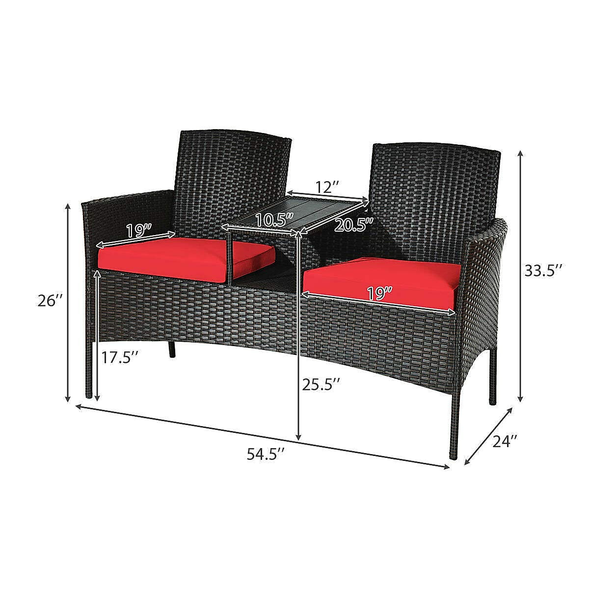 RELAX4LIFE Conversation Furniture Set with Table and Two Removable Cushions Rattan Wicker Chairs and Table Set for Patio,Garden, Baloney and Lawn Outdoor Porch Furniture Sets Loveseat (Brown+Red)