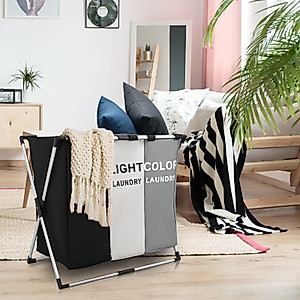 Laundry Basket Hamper 3 Section Dirty Clothes Hamper with Mesh Cover Foldable Aluminum Frame Laundry Sorter Organizer for Bathroom Bedroom Nursery (White+Grey+Black）