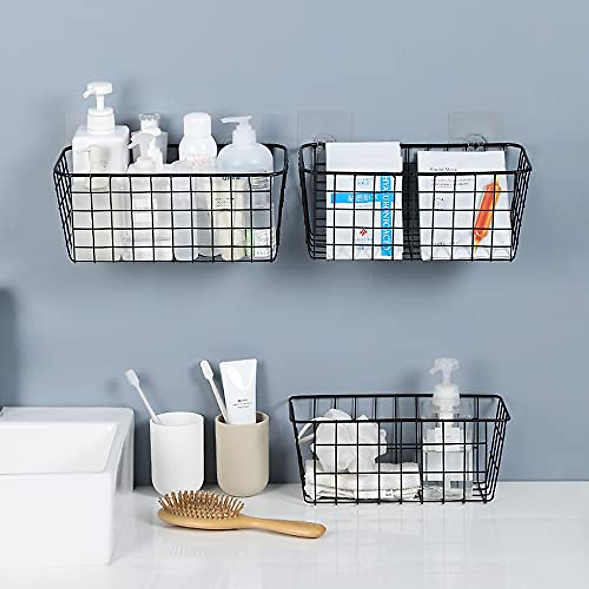 Metal Hanging Wire Basket with Hooks for Storage, Bawuie 4 Pack Wall Mount on Door Sturdy Organizer Holder, Farmhouse Rustic Decor Home Bin for Kitchen Cabinets Pantry Bathroom Bedroom Office, Black