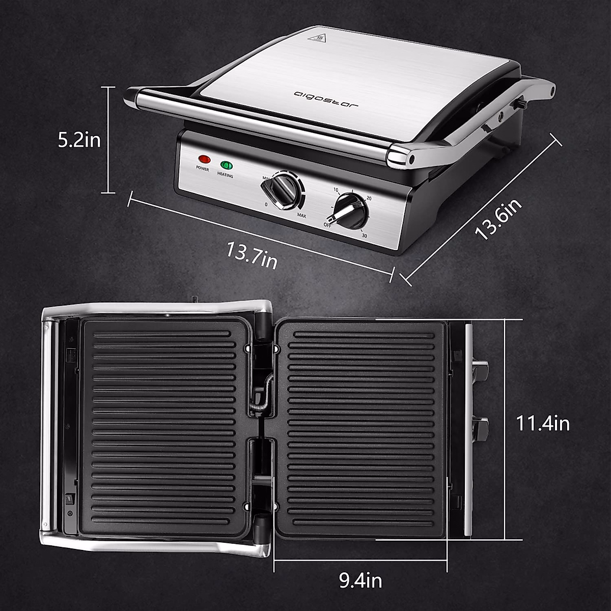 Aigostar Panini Press with removable plates, Electric Indoor Grill Smokeless, with Non-Stick Coated Plates, Opens 180 Degrees, Stainless Steel Sandwich Maker with Temperature Control & Timer, 1500W