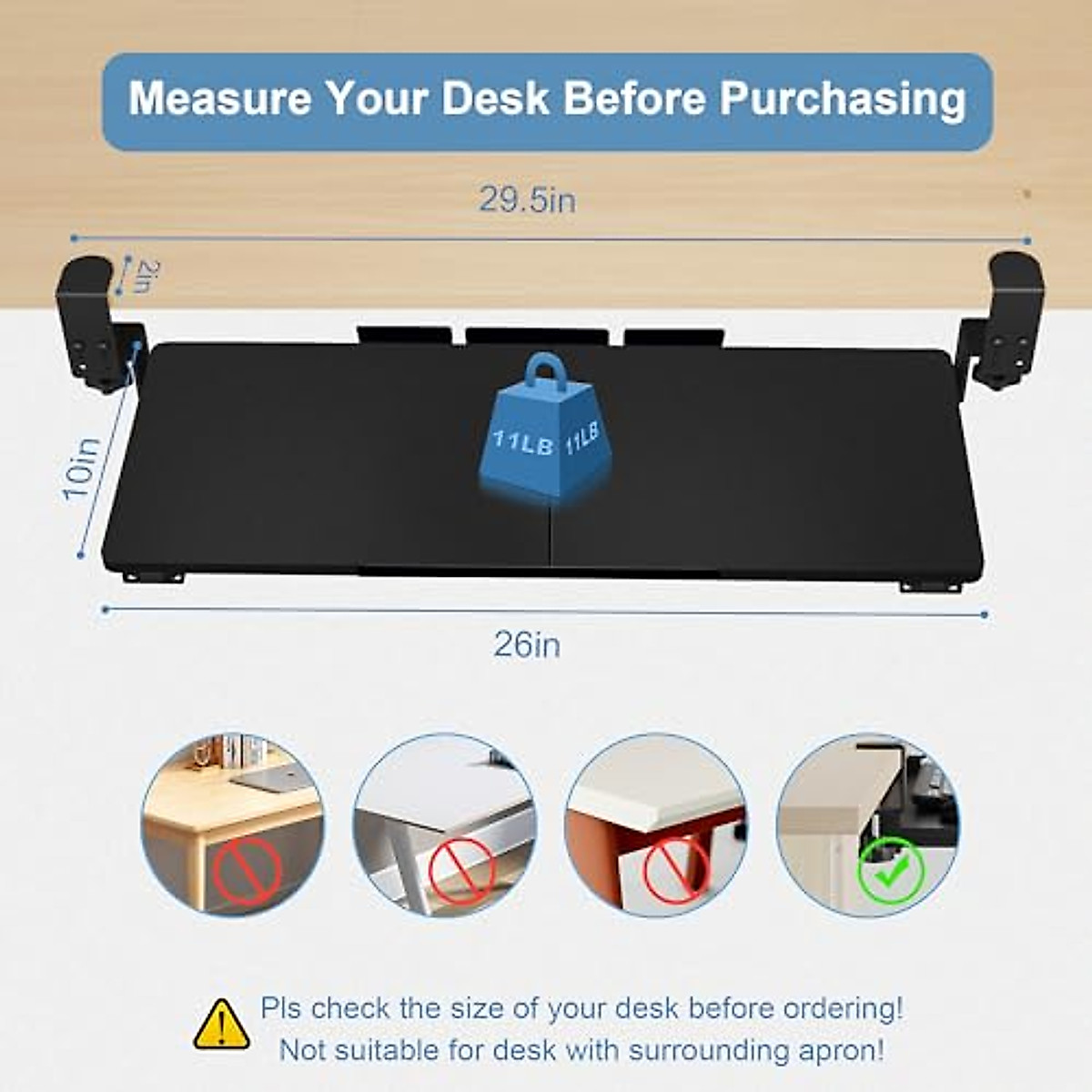 EQEY Keyboard Tray Under Desk, Height Adjustable Keyboard Tray Ergonomic Pull Out Under Desk Drawer Keyboard Platforms with Wrist Support Pad Keyboard Drawer for Desk (26 x 10 inch, Black new version)