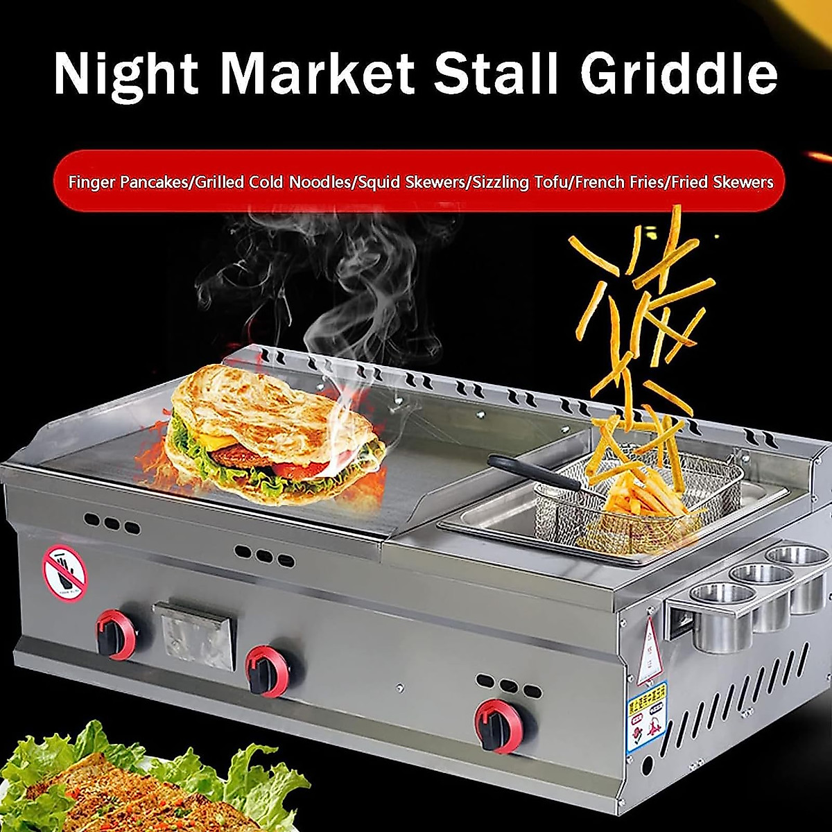 Commercial Gas Griddle, Countertop Flat Top Griddle Stainless Steel Grill, Teppanyaki Fry Pan with Adjustable Temperature, Kitchen LPG Gas Grill for Outdoor Catering