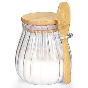 holoith Sugar Container with Bamboo Lid and Spoon,15 oz Sugar Bowl Glass Jar for Coffee Bar Accessories Coffee Canister Kitchen Decor Housewarming Gift Christmas Refillable Design