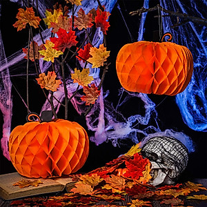 WILLBOND 5 Pieces Fall Tissue Paper Pumpkin and 200 Pieces Autumn Maple Leaves Fall Artificial Pumpkin Honeycomb Maple Leaves for Halloween Thanksgiving Fall Festival Holiday Party Favor