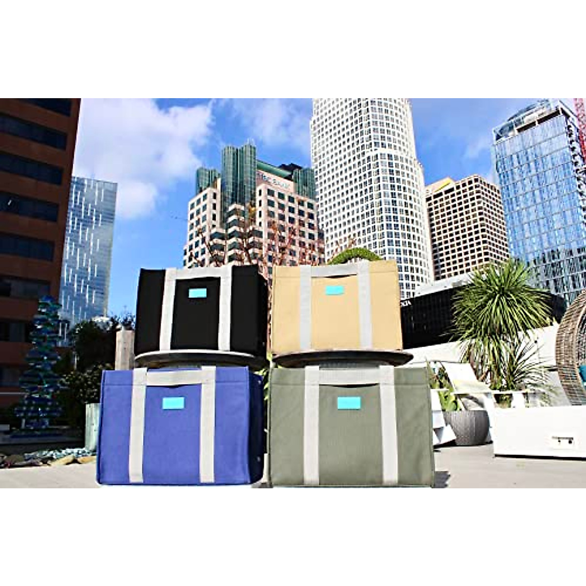 Premium Canvas Tote Bag (16Wx12H x7D) Pancake Mini Folds Flat, Slip-in Pockets, Removable Base, Anti-Theft Pocket