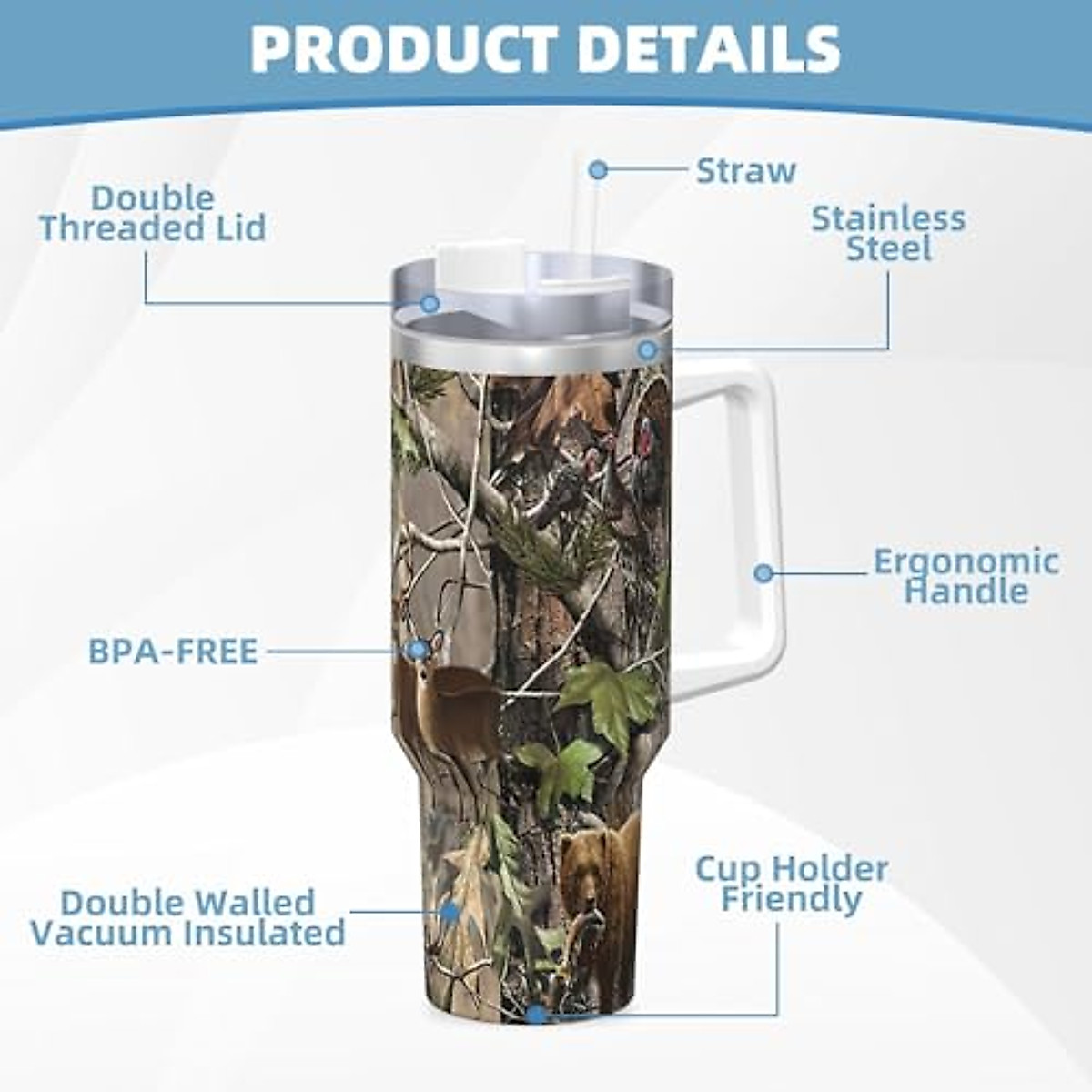 Wildlife Hunting Deer Bear Elk Print Insulated Stainless Steel Coffee Cup 40oz Capacity, Home Office Outdoor