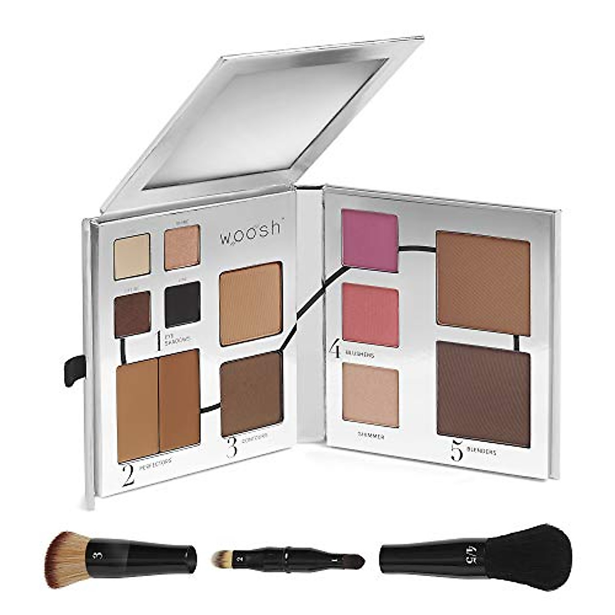 Woosh Beauty, Fold Out Face Palette w/Secret Brush, Travel, All in One, Neutral Cream & Powder Kit, 4 in 1 Nested Makeup Brush (#5 Deep)