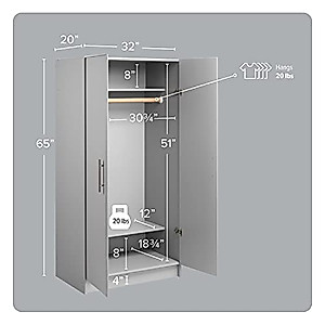 Prepac Elite 32" Storage Cabinet Closet, Light Gray Storage Cabinet, Linen Cabinet, Wardrobe Cabinet with Hanging Rail and Shelves 20" D x 32" W x 35" H, GEW-3264