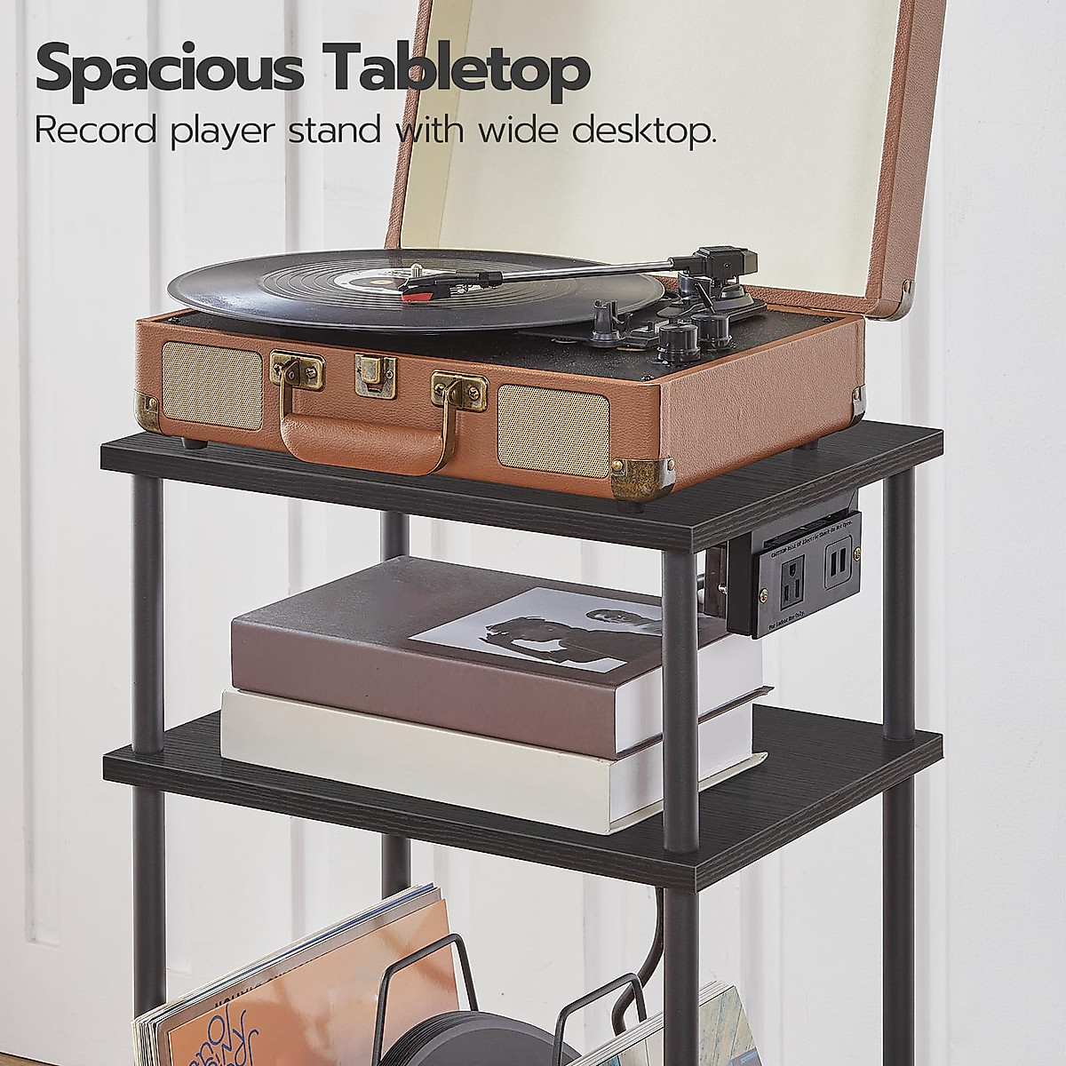 HOOBRO 3-Tier Record Player Stand, Vinyl Record Holder with Charging Station, Record Player Table with Storage Shelf, Turntable Stand for Music Room, Living Room, Bedroom, Black BB02URS01