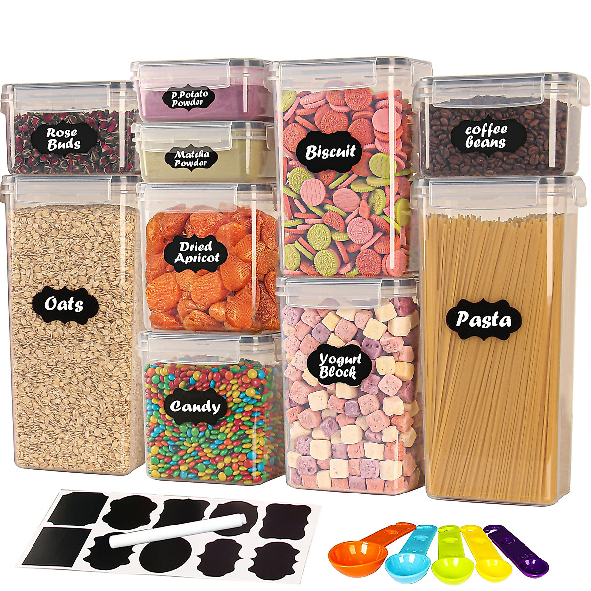 Airtight Food Storage Containers with Lids Set 10 Pack, Clear Plastic Pantry & Kitchen Organizers and Storage for Cereal Flour Pasta Snacks Sugar & Dry Food, BPA Free, with multiple Labels & Spoons