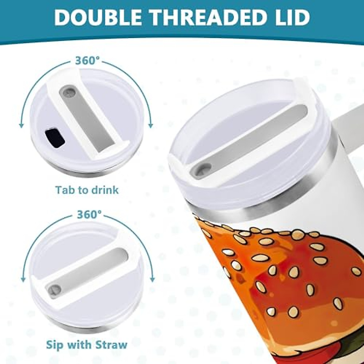 Jihqo Cartoon Burger 40 oz Stainless Steel Vacuum Insulated Tumbler with Handle and Straw Lid, Leakproof Water Bottle Double Wall Travel Mug Coffee Cup, Cupholder Friendly