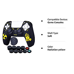 YoRHa Silicone Rubber Back Dots Carving Customizing Skin Cover for PS5 Controller x 1(Radiation Yellow) with Pro Thumb Grips x 10