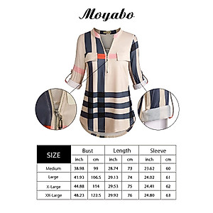 Moyabo Women Clothing Women's 3/4 Cuffed Sleeve Zip Notch V Neck Casual Plaid Tunic Shirt Blouse Top Apricot Medium