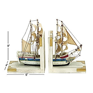 Deco 79 Wood Sail Boat Bookends with Real Boat Rigging, Set of 2 6"W, 9"H, White