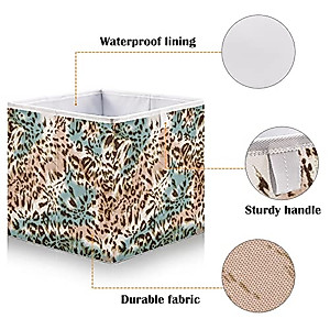Kigai Blue Brown Leopard Pattern Fabric Storage Bin 11" x 11" x 11" Cube Baskets Collapsible Store Basket Bins for Home Closet Bedroom Drawers Organizers