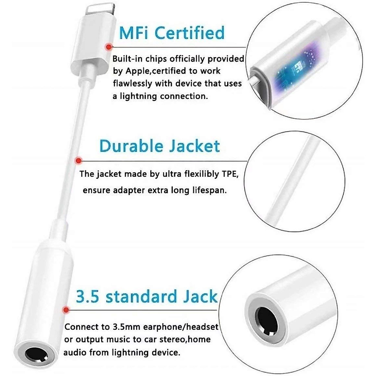 [Apple MFi Certified]3 Pack iPhone Headphone Adapter,Lightning to 3.5 mm Headphone/Earphones Dongle Jack Adapter Audio Aux Cable Converter Compatible with iPhone14 13 12 11 XS XR X 8 7 Support All iOS