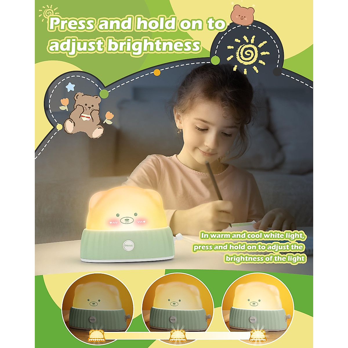 Daxtril Night Light for Kids Cute Lamp, Bear Cat Lamp Kawaii Room Decor, Kids Toys for Girls, Stocking Stuffers for Kids, Christmas Gifts for Teenage Girls Kids Boys, Rechargeable Touch Lamp, Green