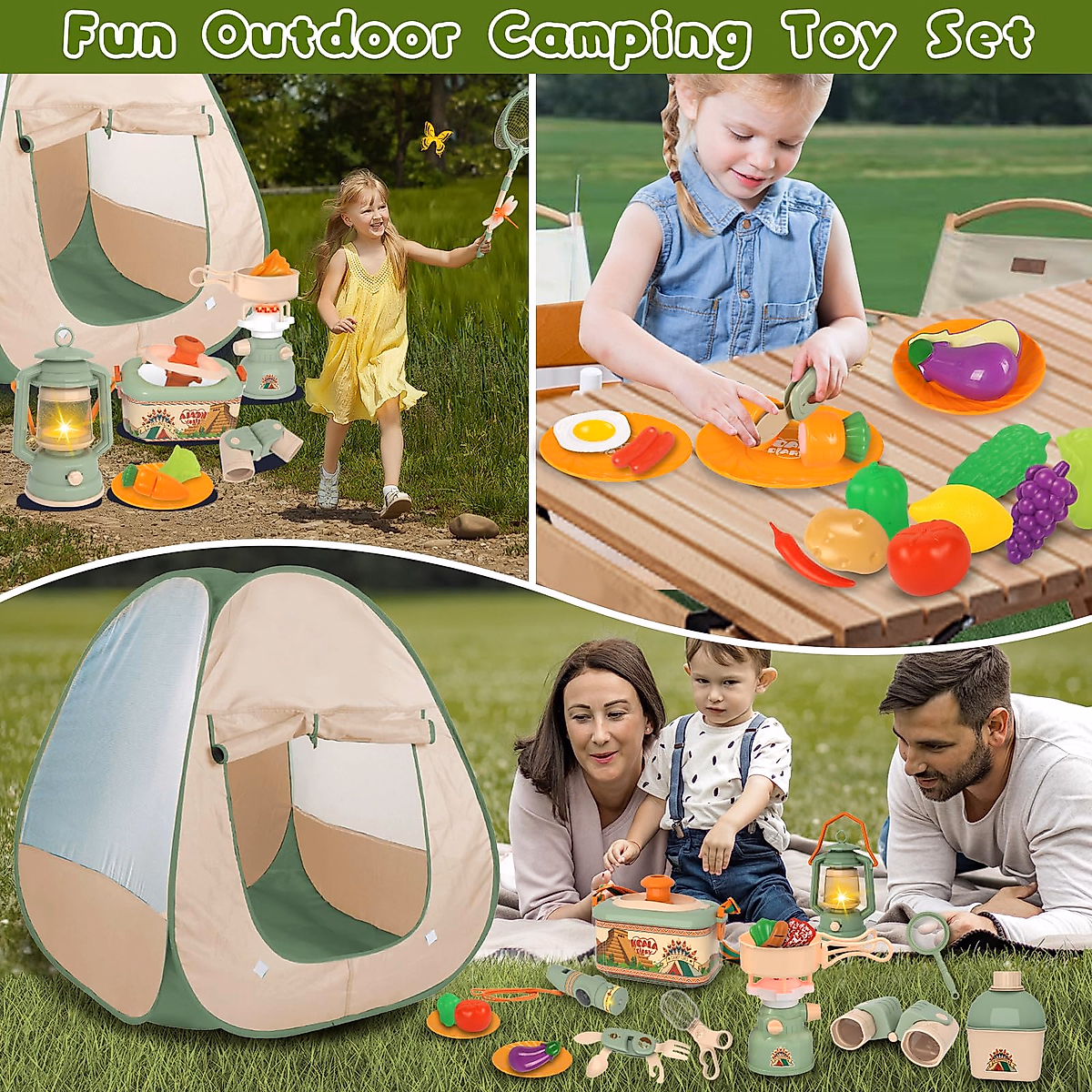 CIUGEO 48 PCS Kids Camping Set with Tent, Pop Up Tent with Camping Gear for Kids Play Tent Indoor Outdoor Pretend Play Set for Toddler Boys Girls Age 3-6